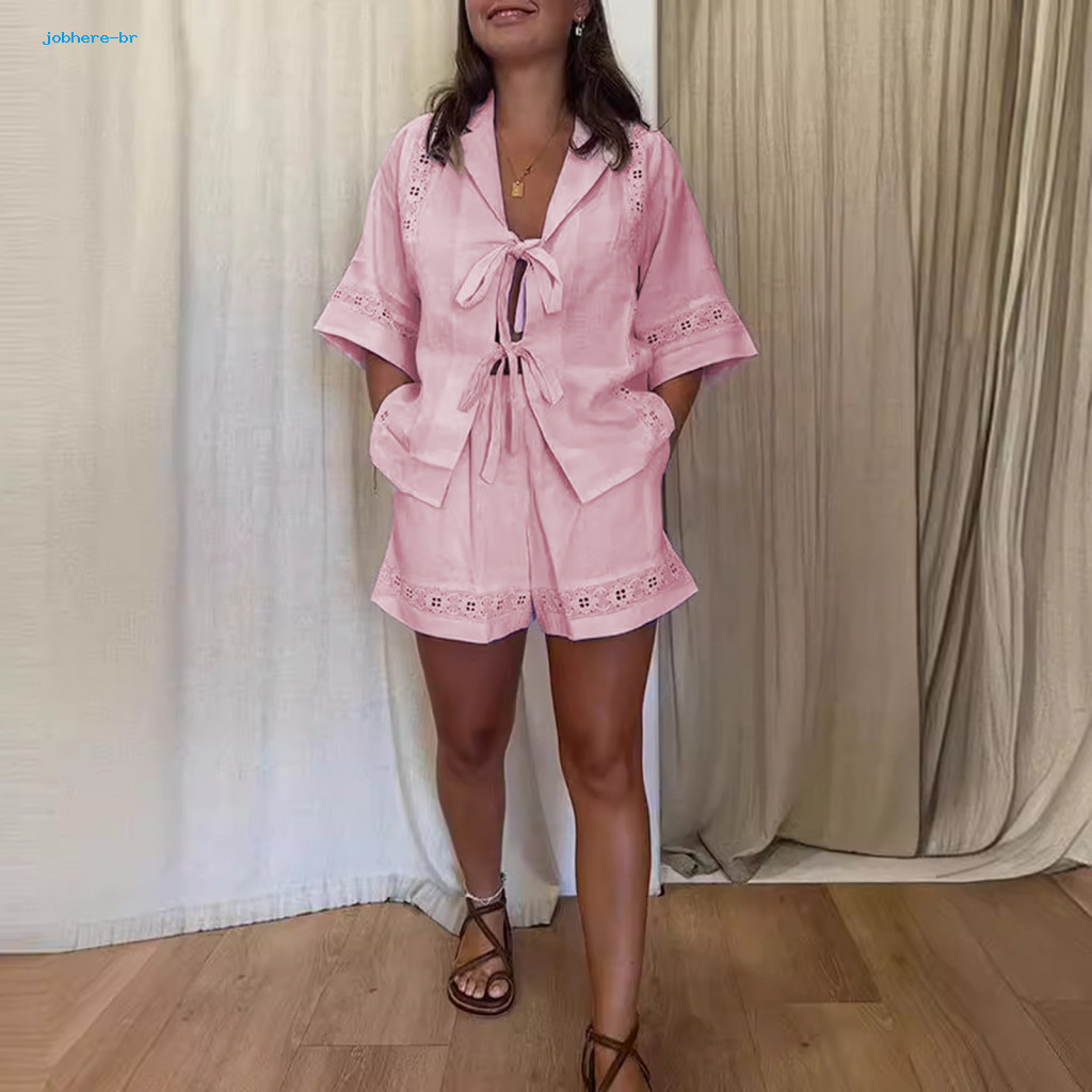 Jobhere Solid Color Shorts Set Summer Shirt Shorts Set Womens Lace Up Shirt And Shorts Set
