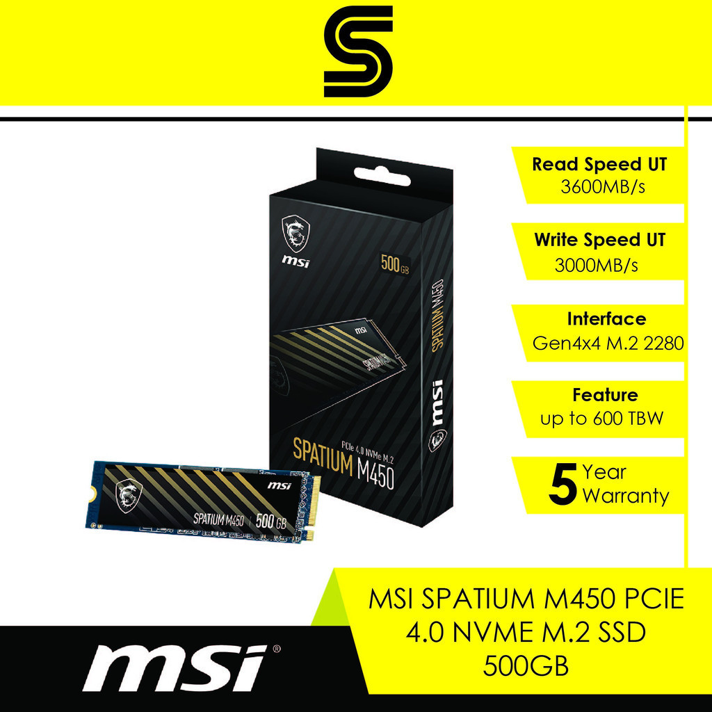 MSI SPATIUM M450 PCIE 4.0 NVME M.2 SSD Read UT 3600MB/s - 500GB ...