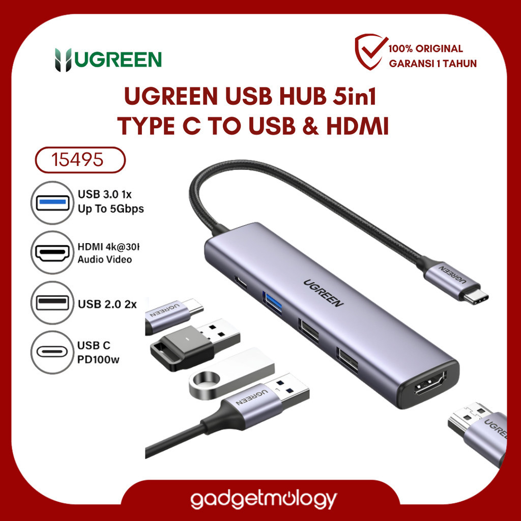 Ugreen USB HUB 5in1 Adapter Splitter Converter Type C to USB HDMI 4K 30Hz Multiport for Macbook ...