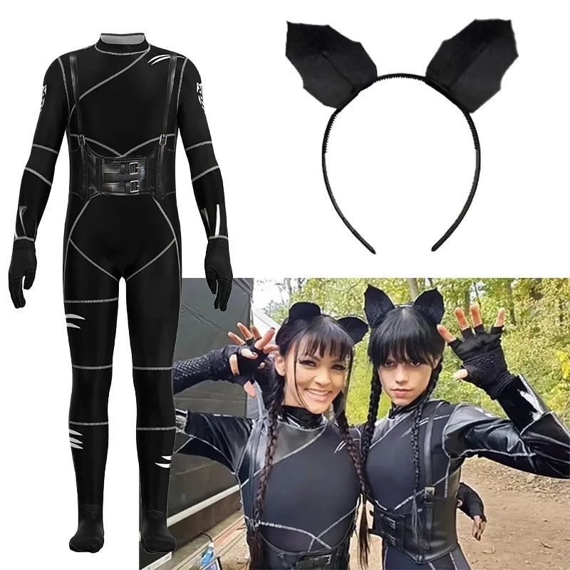 Wednesday Addams Cosplay Black Cat Jumpsuit Cosplay Costume Ears ...