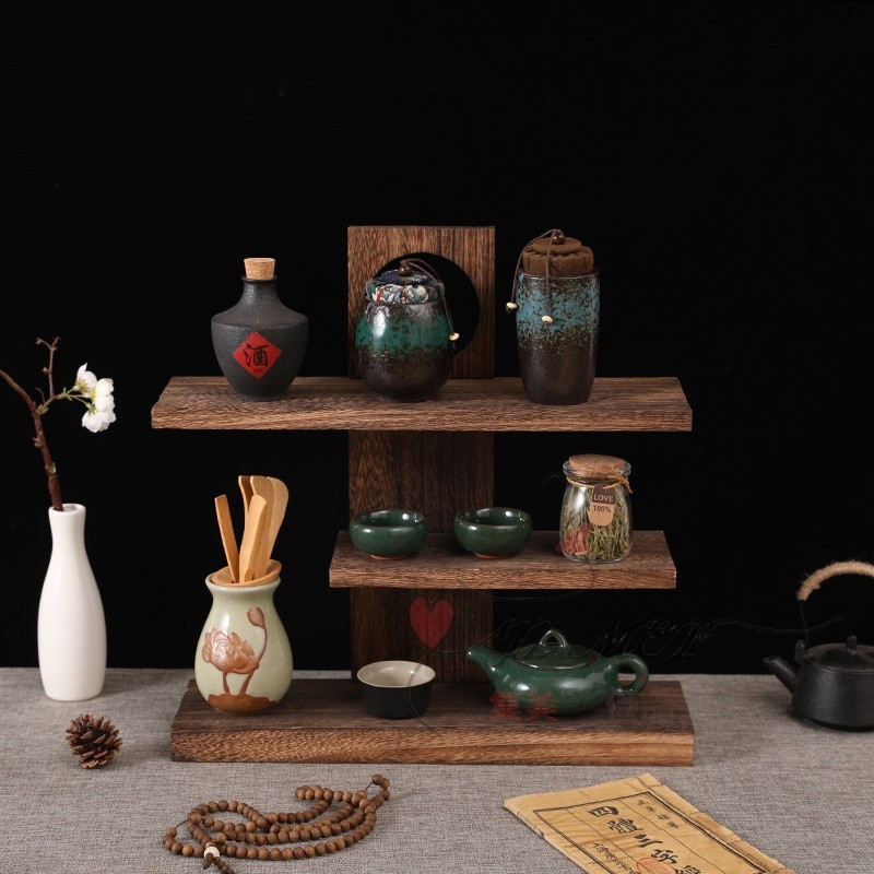 Retro Solid Wood Rack Tea Cup Rack Tea Set Storage Multi-Layer Rack ...