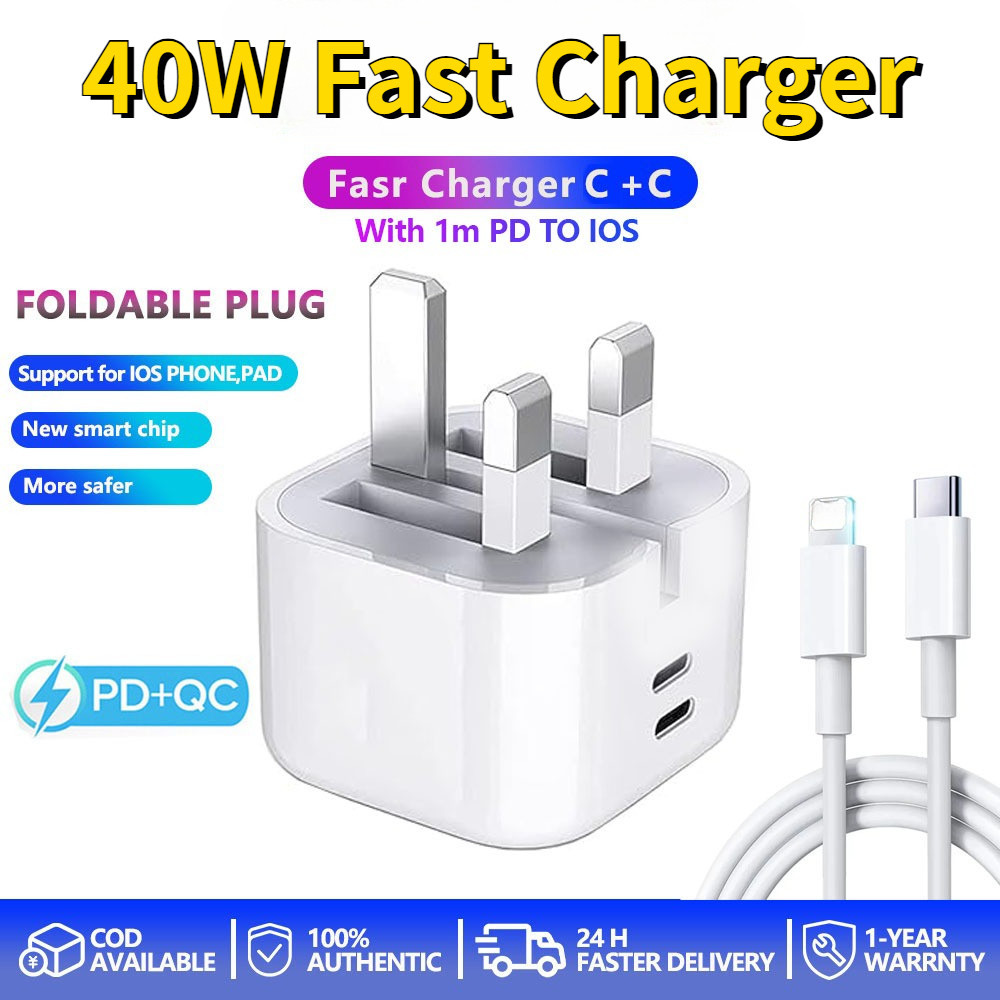 40W Dual PD Fast Charger 2 Type C Quick Charging With Phone 1M 2M Cable ...