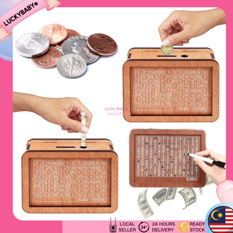 Money Box Piggy Bank Wood Money Savings Challenge Bank Reusable Money ...