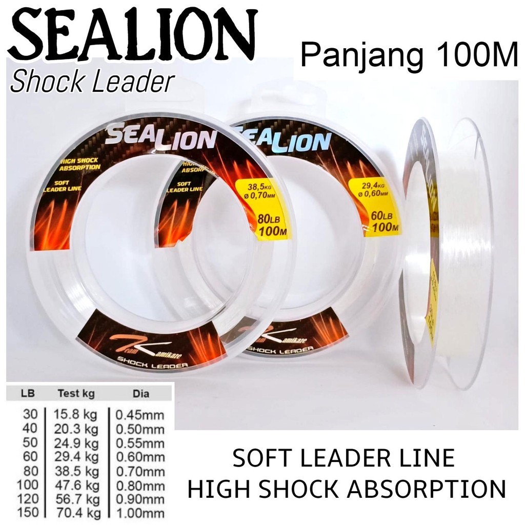 Kamikaze Sealion Length 100m String Shock Leader 30lb - 80lb Fishing ...
