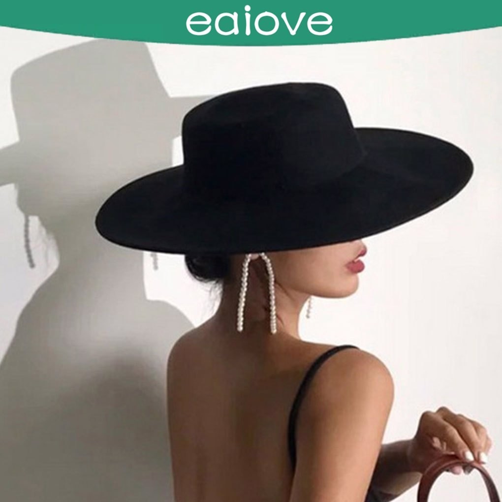 M Premium Women Black Felt Hat Wide Brim Flat Church Derby Cap ...