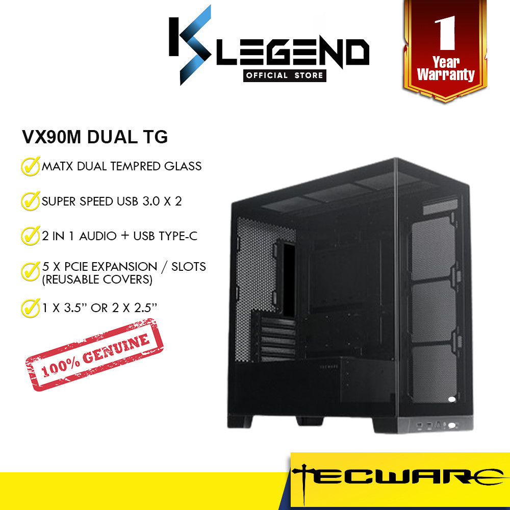 Tecware VX90M Dual TG MATX Dual Tempered Glass Chamber Case w/ USB C Gaming PC Desktop Casing ...