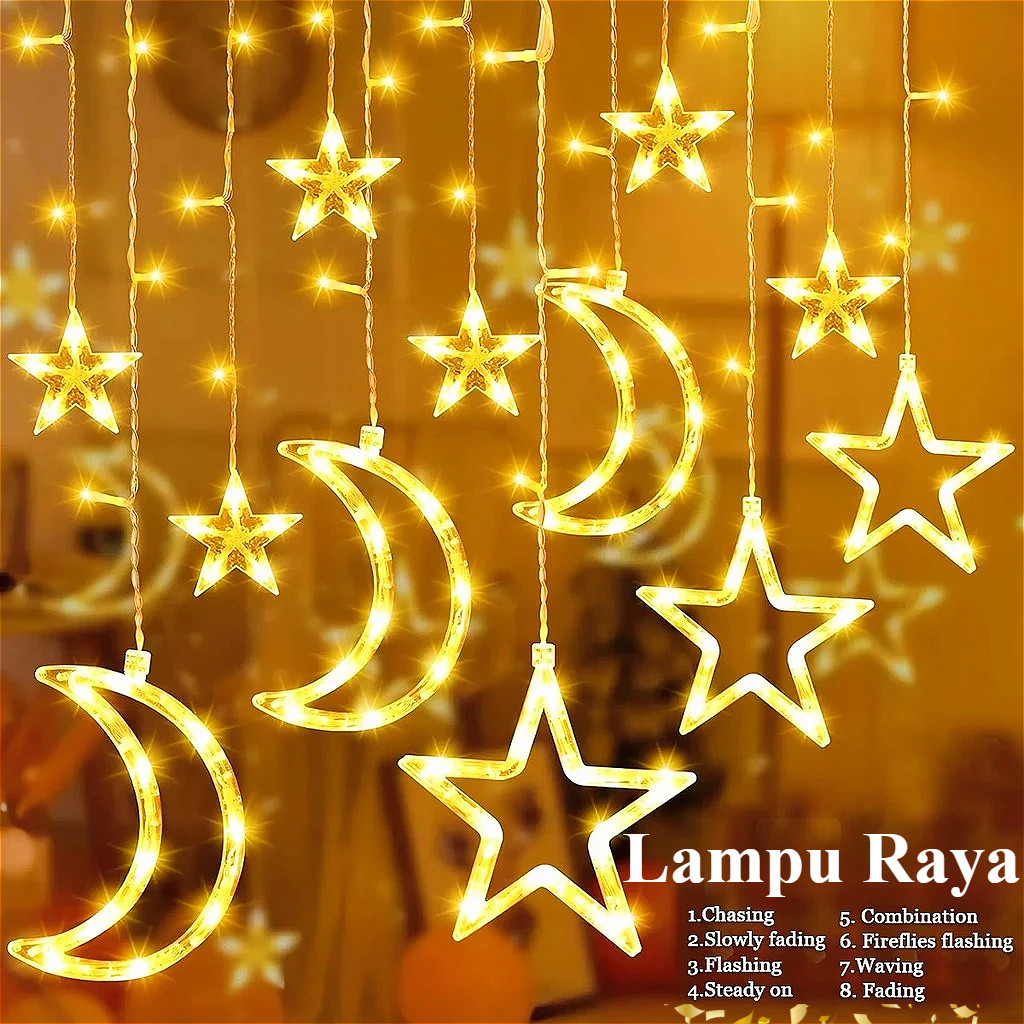 Eid Star Moon Curtain String Lights Lampu Raya Waterproof Hari Raya ...