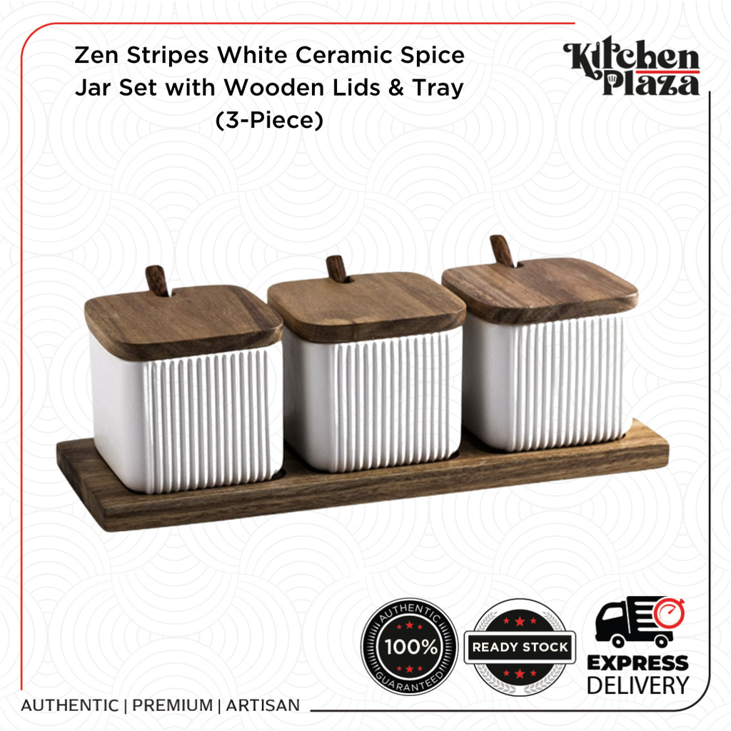 Zen Stripes White Ceramic Spice Jar Set with Wooden Lids & Tray (3 ...
