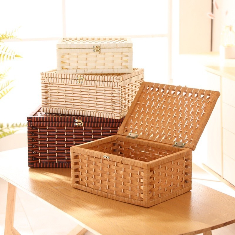 Storage Box with lid Home storage rattan box Clothes sorting snack ...