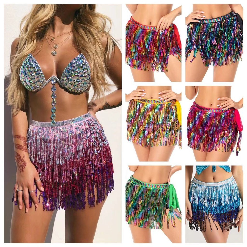 Belly Dance Skirt Hip Wrap sequin fringe skirt Waist wrap sequin Bohemian lace-up sequin dance ...
