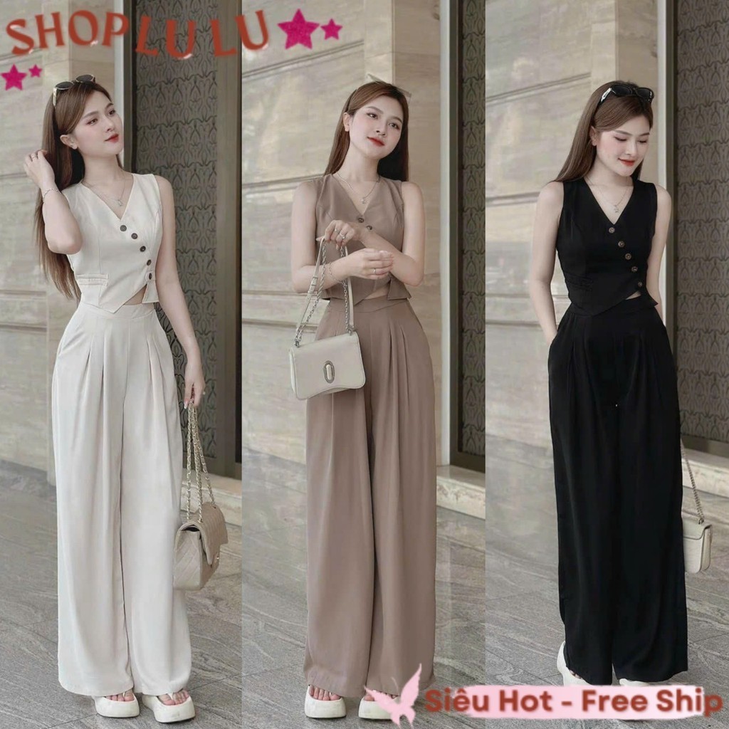 (LL) Gile Set Sleeveless Slanted buttons with Pleated Wide Leg Pants ...