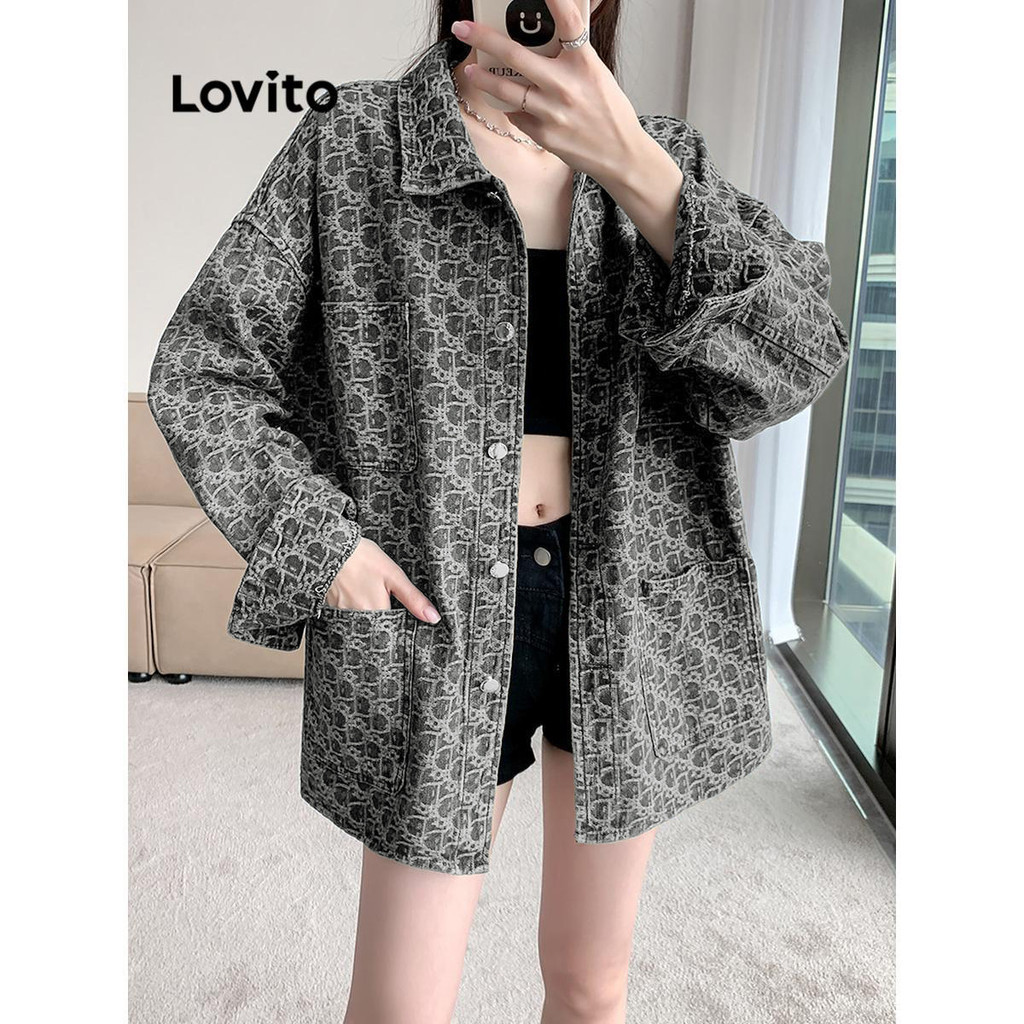 Lovito Casual Letter Button Pattern Denim Jacket for Women LNA58358 ...