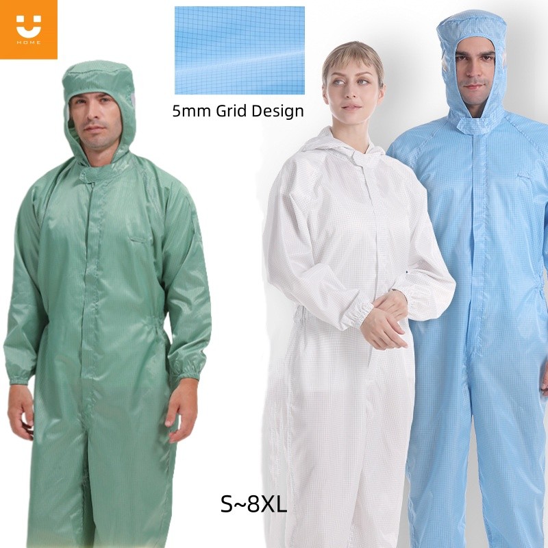 【Uhome】5mm Grid Anti-static Suit Cleanroom Jumpsuit Hooded Design ...