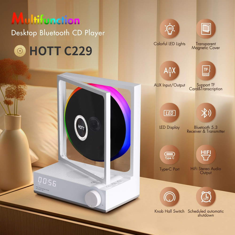 HOTT C229 Retro HIFI CD Player Two-way Bluetooth RGB Dazzling Colour ...