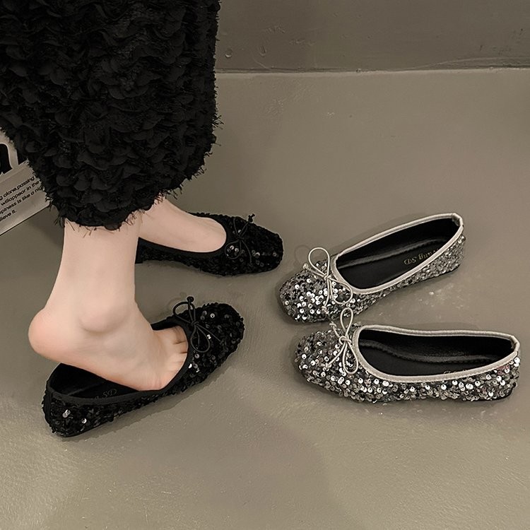 Sequined Flat Shoes Women Round Toe Bow Knot Set Student Shoes Peas ...