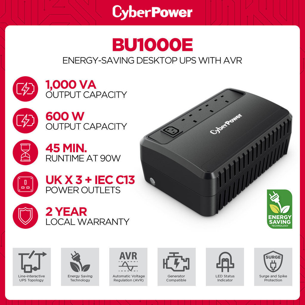 Cyberpower BU1000E 1000VA 600W UPS Backup Battery Power Supply Build In ...