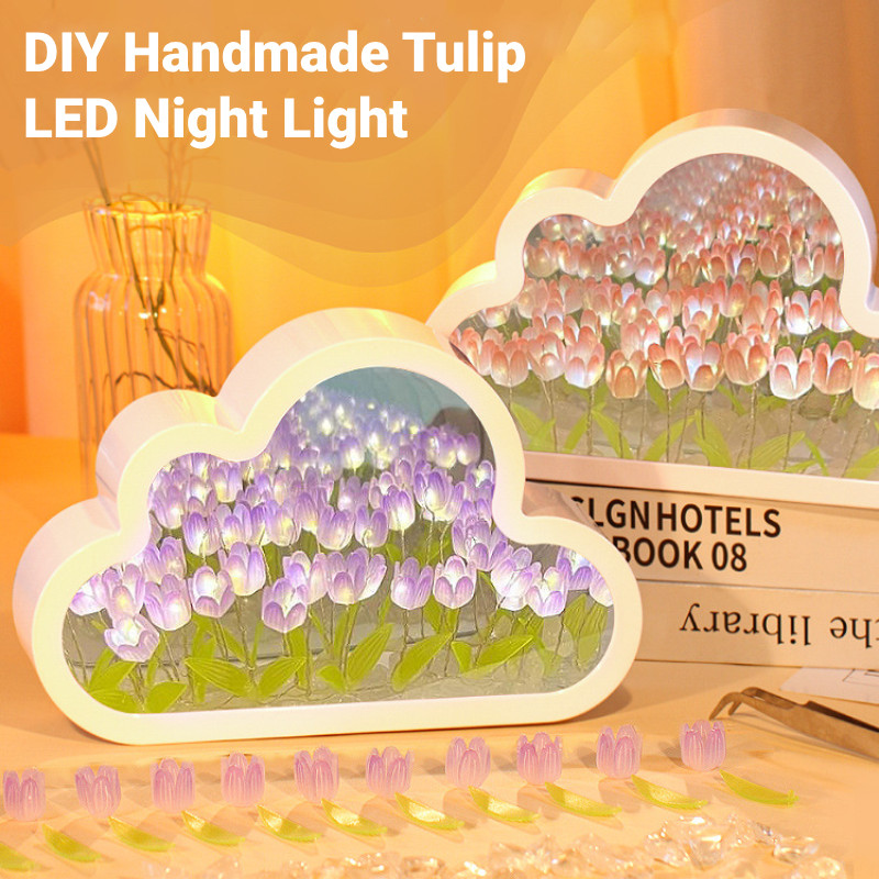Uliekhy Tulips Mirror Lamp Clouds Light Diy Led Flower Lamp Tulip Night Lamp Creative Handmade ...