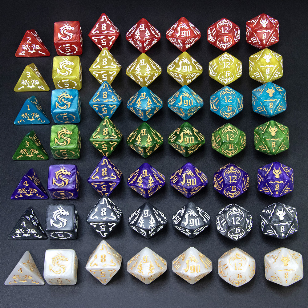 Polyhedral 7pcs Dice Set with Dragon Pattern and Pearlized Effect ...