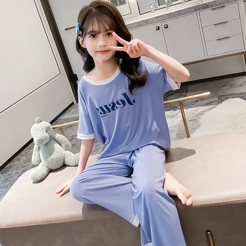 Girls Pajamas Modal Thin Short-Sleeved Trousers Medium Big Children ...