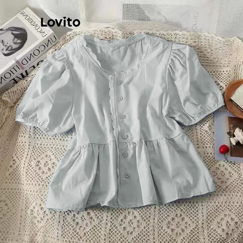 Lovito Casual Plain Lace Ruffle Neck Blouse for Women LNE53280 Lovito ...