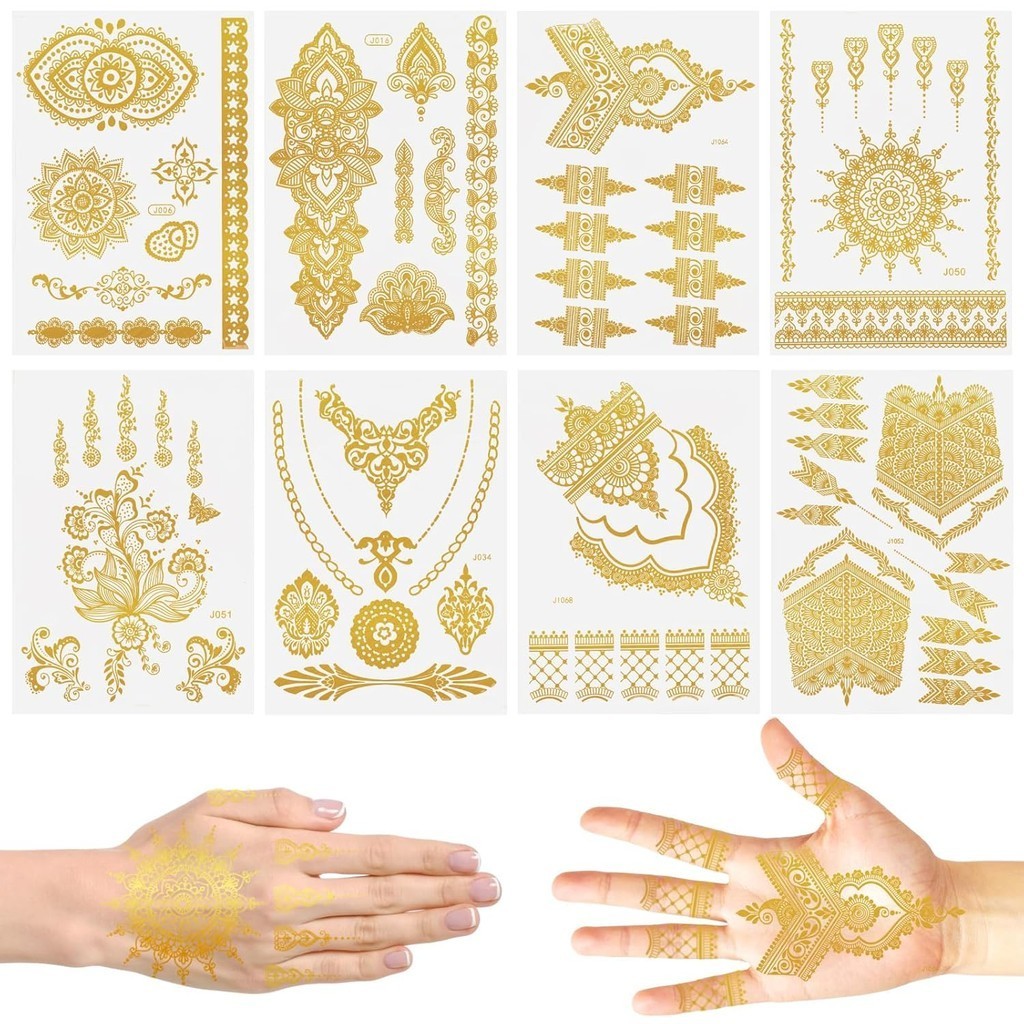 Gold Henna Tattoo Waterproof Temporary Tattoo Stickers Gold Lace Indian ...