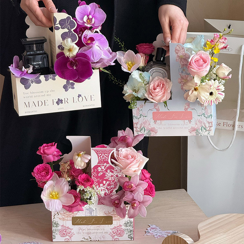 Flower Packing Paper Gift Box Handheld Basket Bouquet Packaging Box DIY ...