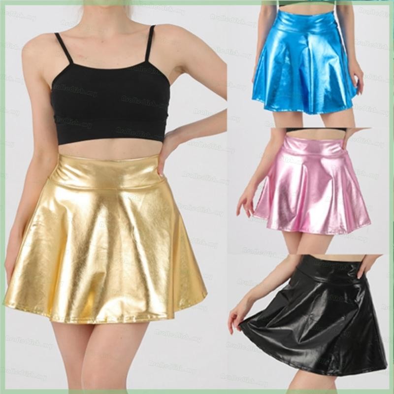 As Women s PU Flared Mini Skirt Sparkly Metallic Elastic Waist A Line ...