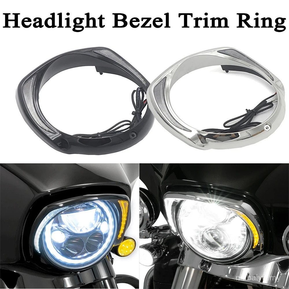 With Amber Turn Signal LED Headlight Bezel Visor Trim Ring For Harley ...