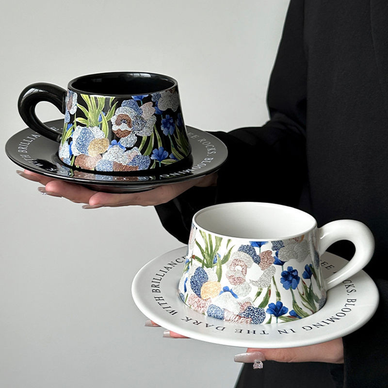 High-end Retro Niche Iris Ceramic Coffee Cup Hand-Painted Latte Cup Set ...