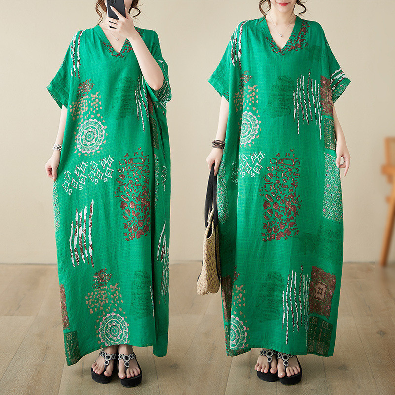 V Neck Plus Size Muslim Kaftan Loose Vacation Style Beach Dress Vintage