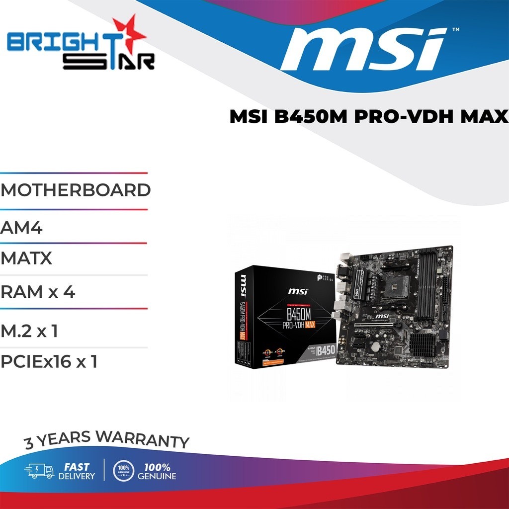 MOTHERBOARD MSI B450M PRO-VDH MAX/ AM4 / MATX / RAM x 4 / M.2 x 1 ...