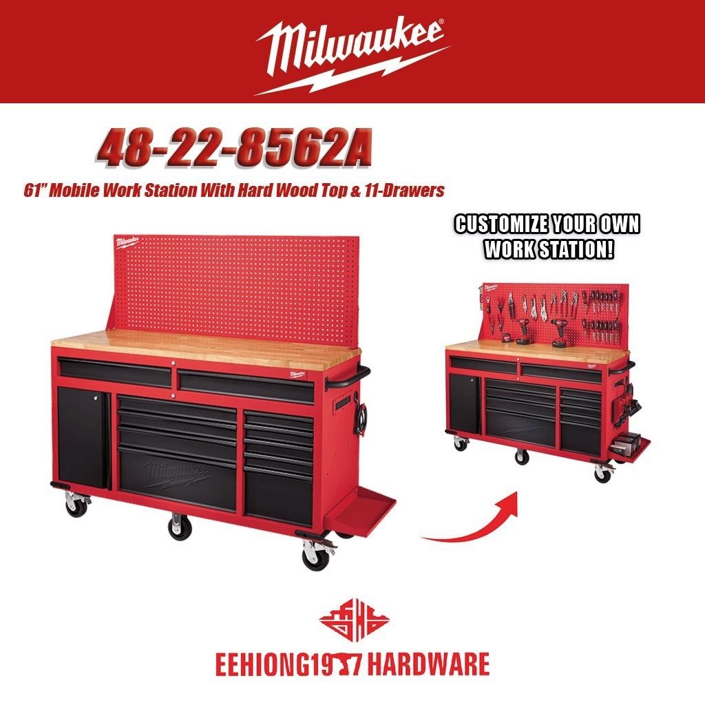 MILWAUKEE 48-22-8562A 61’’ Mobile Work Station With Hard Wood Top & 11 ...