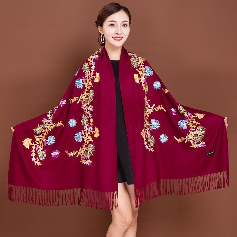【现货】披肩多用刺绣加厚围巾女树枝绣花女士披肩长款洋气Exquisite embroidered imitation cashmere ...