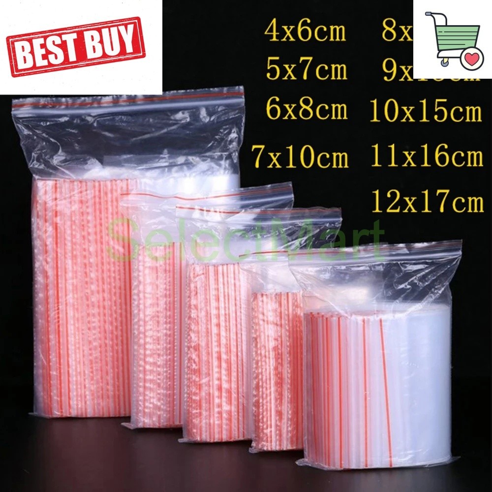 SM -100Pcs Poly OPP Cellophane Bags Clear Reclosable Zip Lock ...