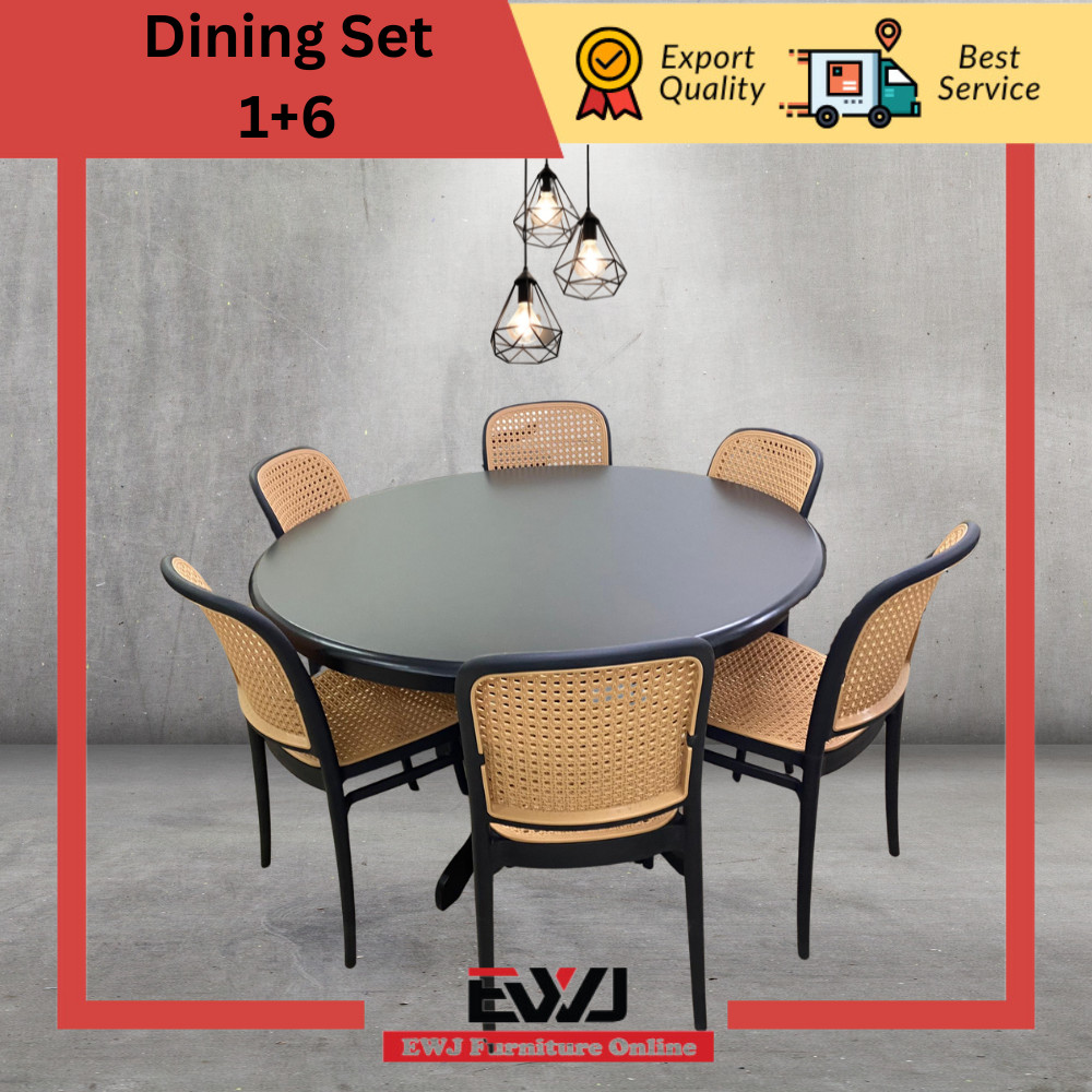 EWJ RT900/RT1200 + 3700 Set 1+6/1+4 Rattan Chair Round dining set Round Dining Table Set Meja ...