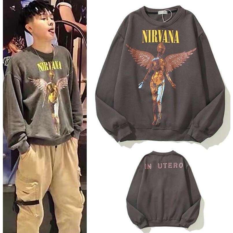 NIRVANA Angel Rock Band Severely Washed and Distressed Loose Retro Long ...