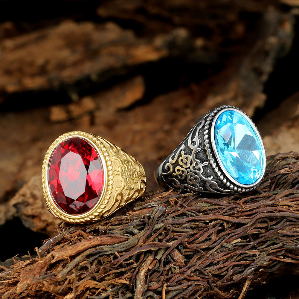 Punk Men Silver Gold Pattern Carve Titanium Steel Ruby Sapphire Red ...