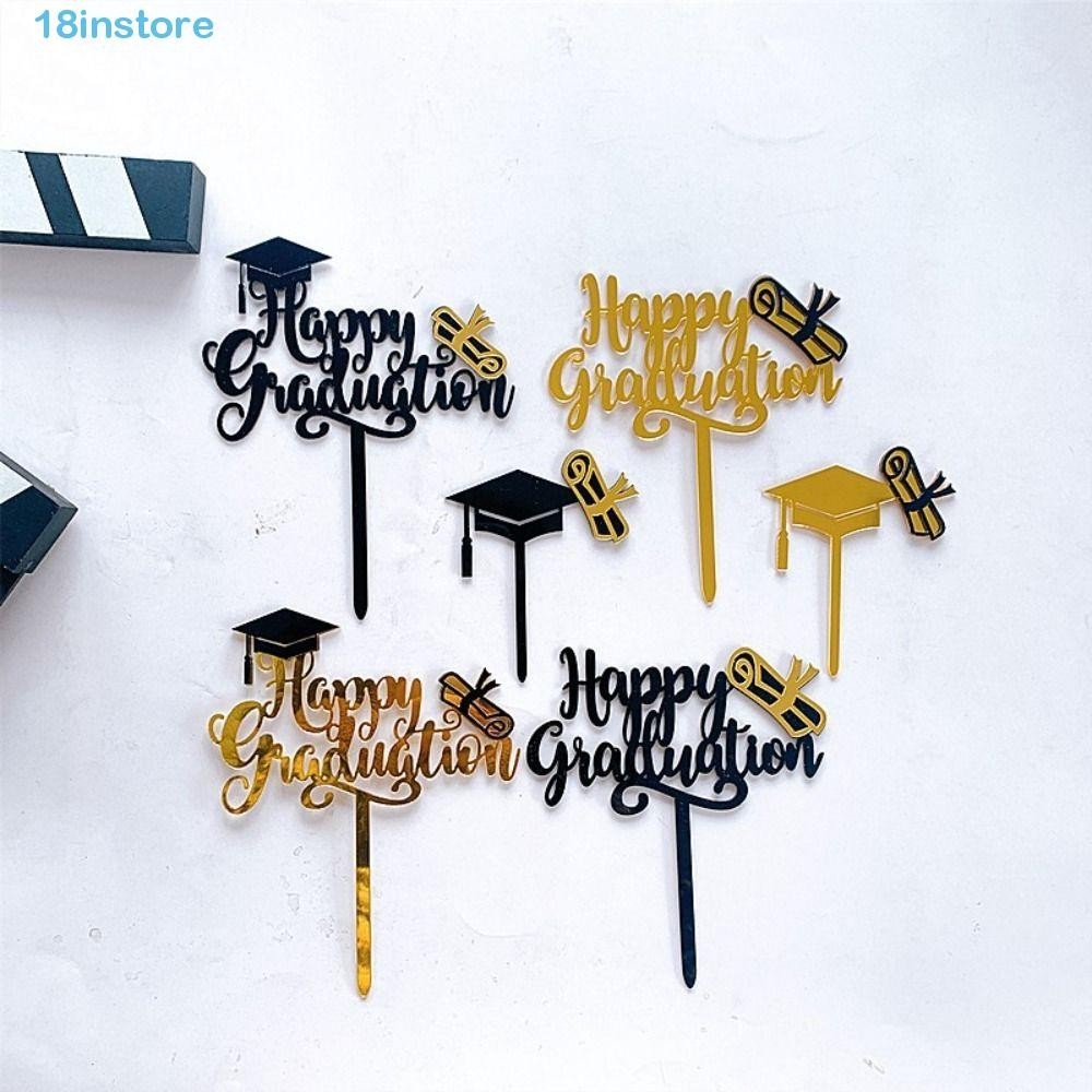 INSTORE Happy Graduation Cap Cake Toppers, Black Gold Acrylic Congrats ...