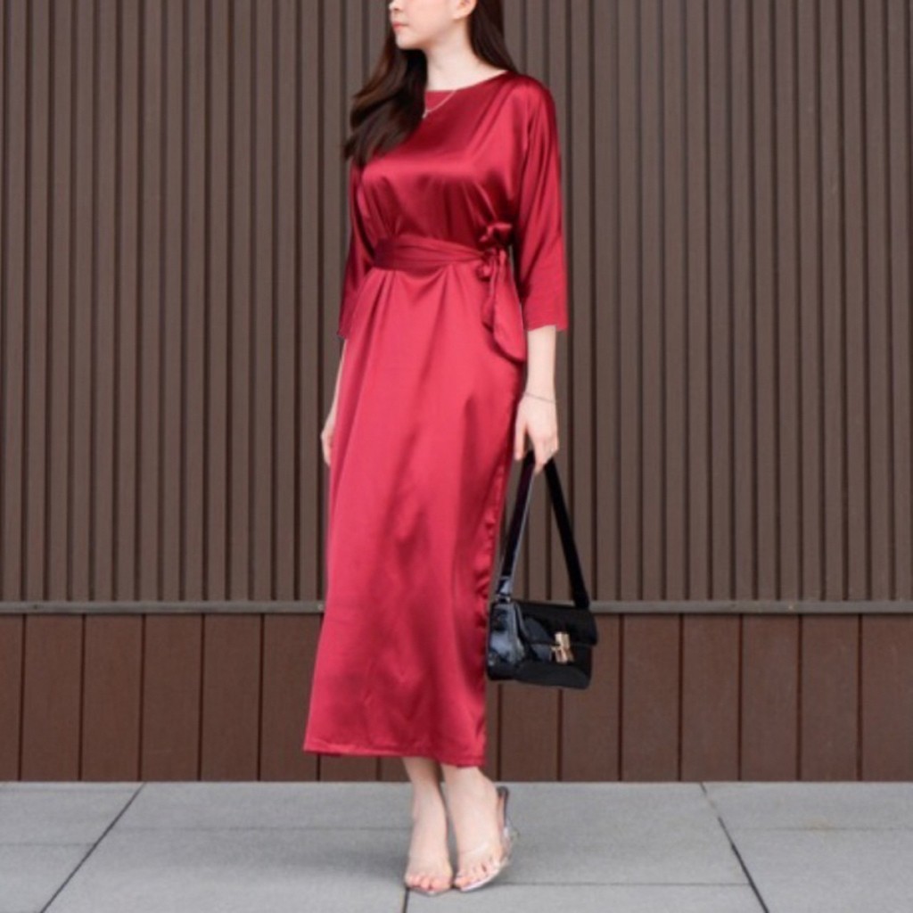 LEBARAN MIDI SATIN DRESS SAMARA WOMEN SATIN DRESS CASUAL DRESS KOREAN ...