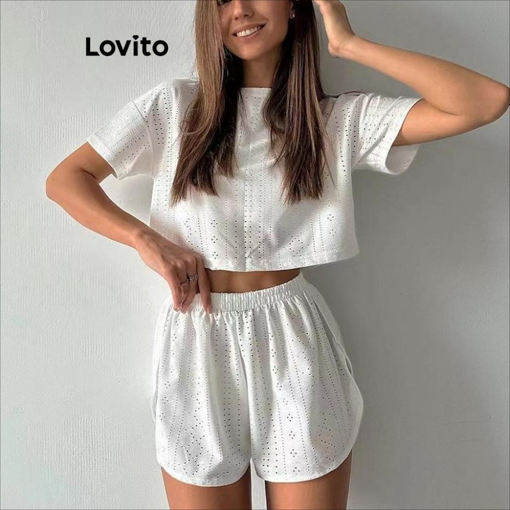 Lovito Casual Plain Eyelet Embroidery Shorts Sets for Women LNL48203 ...