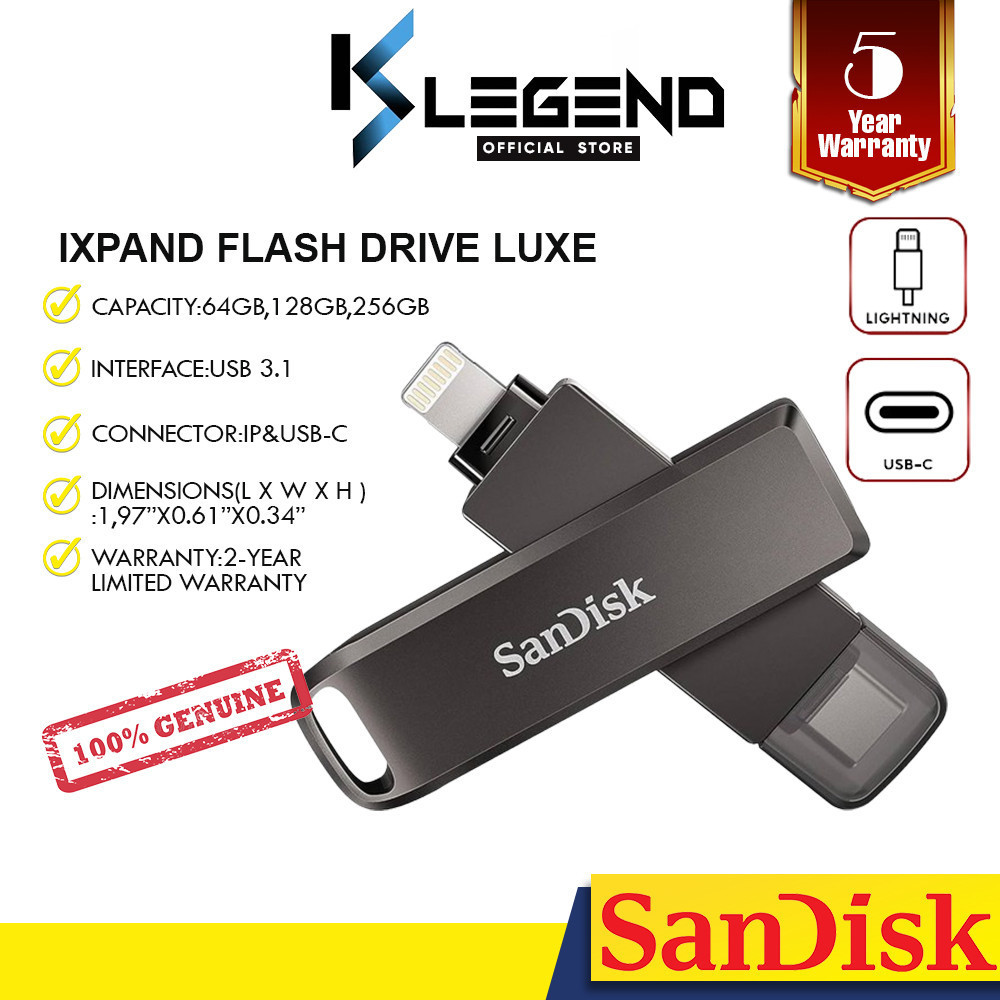 SanDisk Ixpand Flash Drive Luxe Type C & I OTG USB (256GB/128GB/64GB ...