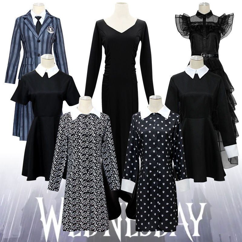 Adams Family cos Costume Halloween Wednesday Adams Black Dress Adult ...