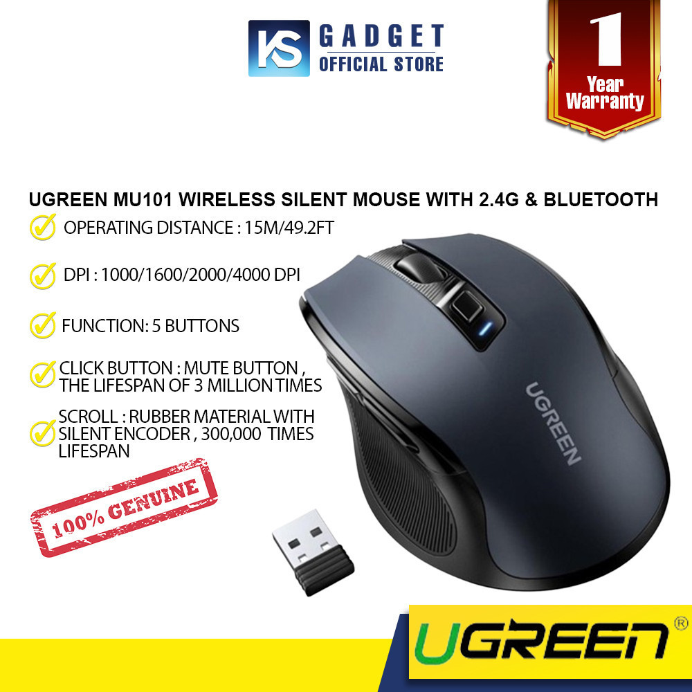 UGREEN MU101 WIRELESS SILENT MOUSE WITH 2.4G & BLUETOOTH 5.0, 4000 DPI ...