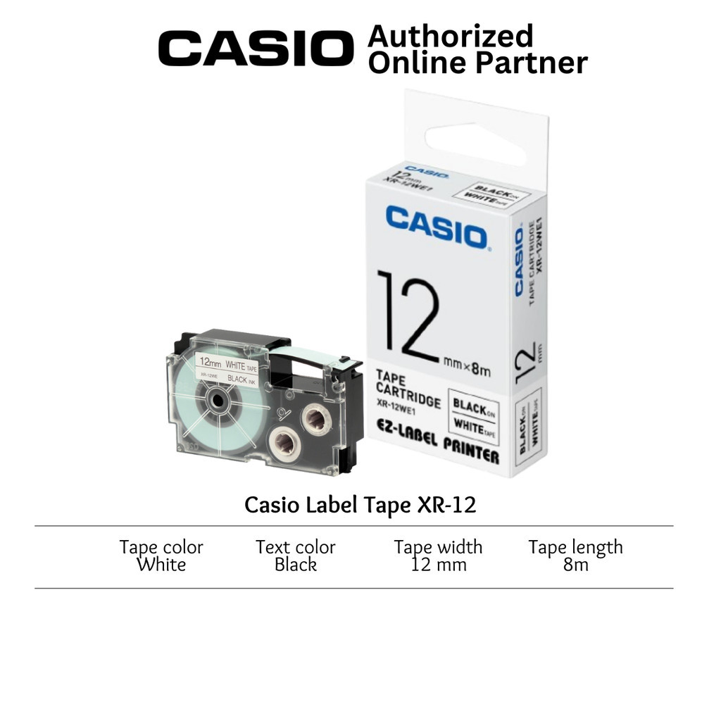 [ORIGINAL] Casio XR-12 12mm EZ-label Tape Cartridge Genuine XR-12WE1 Black text on White tape ...