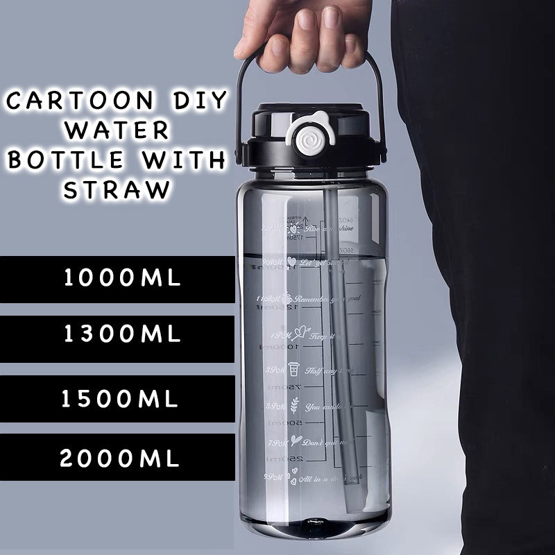 AS Portable 3D Cartoon DIY Sticker Big Belly Water Bottle With Straw (1000ml/1300ml/1500ml ...