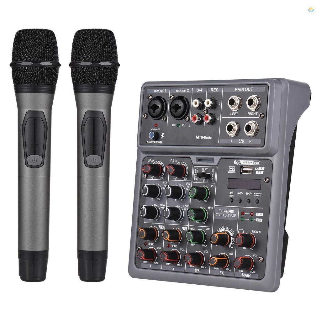 Audio Mixer 6 Channel Mixing Console with 2 Wireless Microphone BT ...