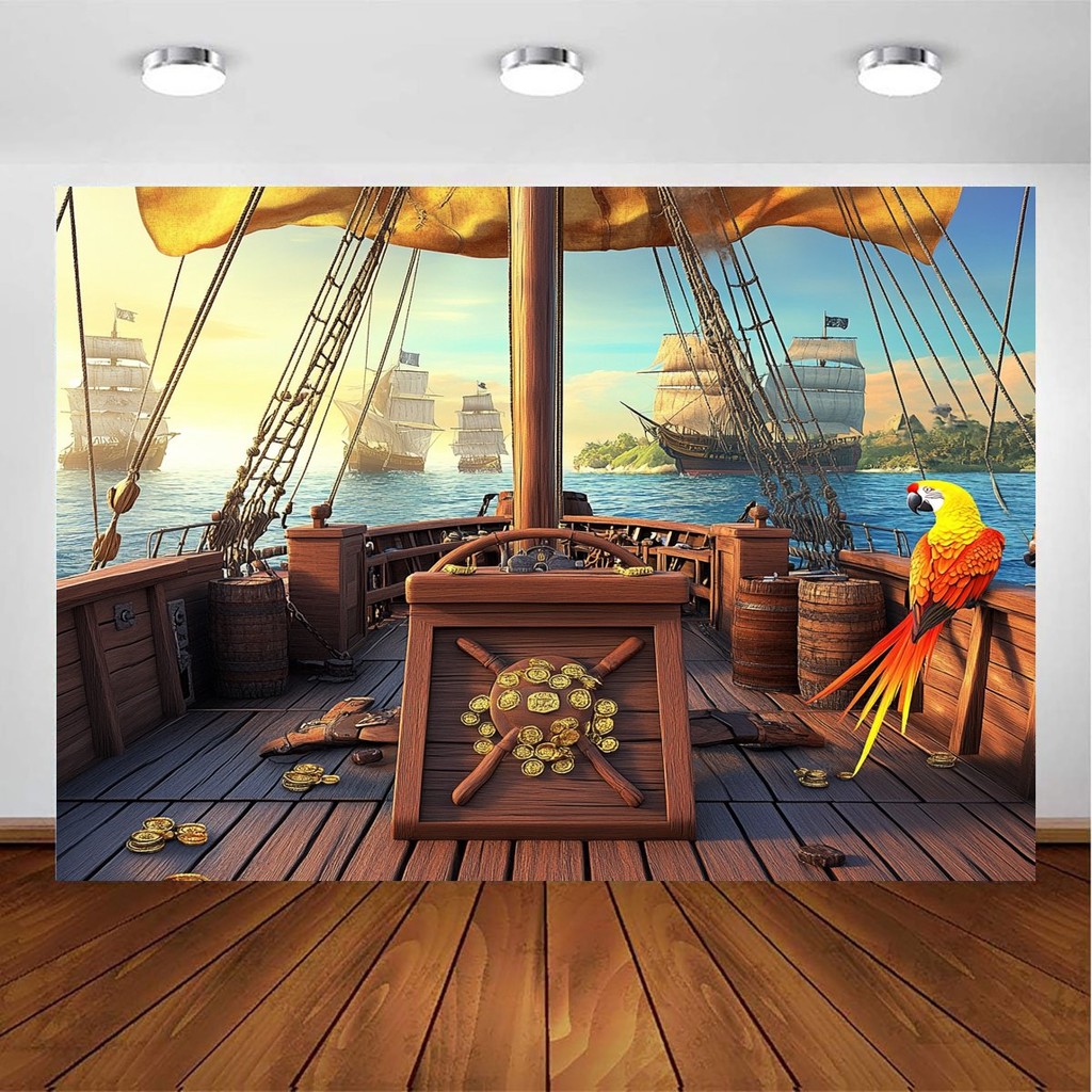1Pc Vintage Pirate Ship Backdrop Wooden Rudder Treasure Chests Barrels ...