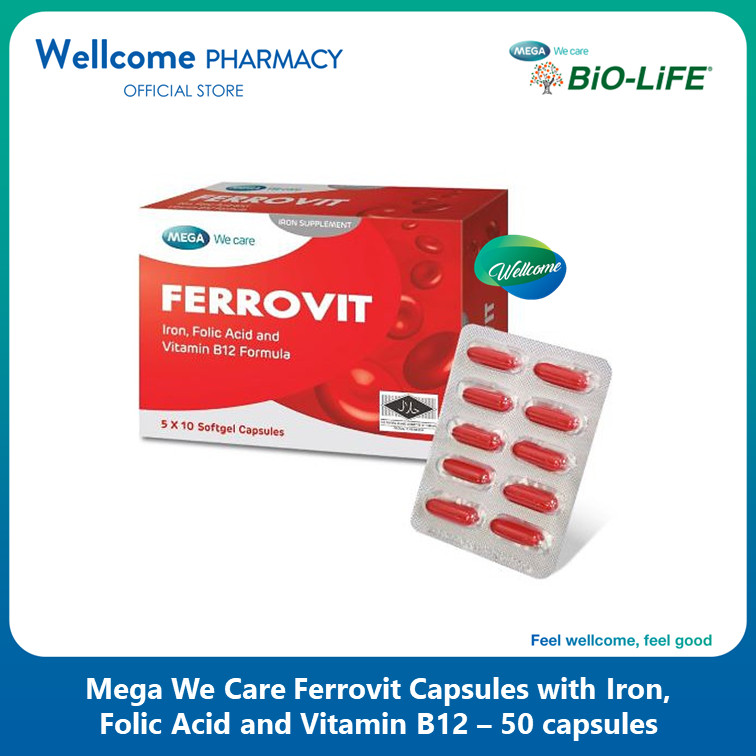 Bio-Life Mega Ferrovit Capsules with Iron, Folic Acid & Vitamin B12 ...
