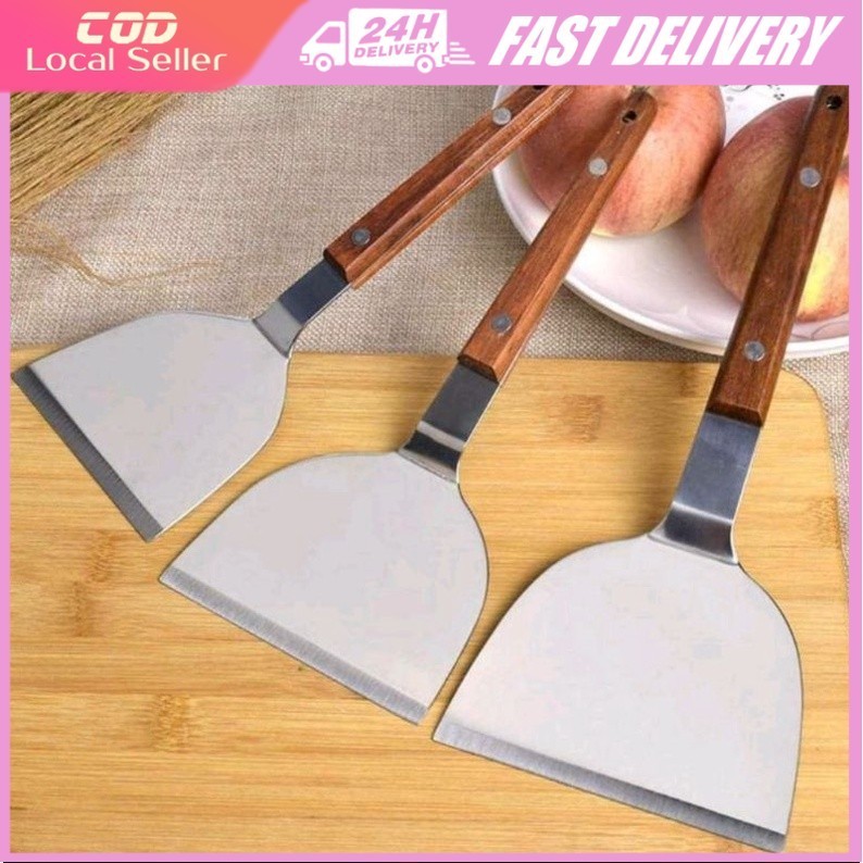 Stainless Steel Teppanyaki Turner Wooden Handle Cooking Scraper Griddle ...