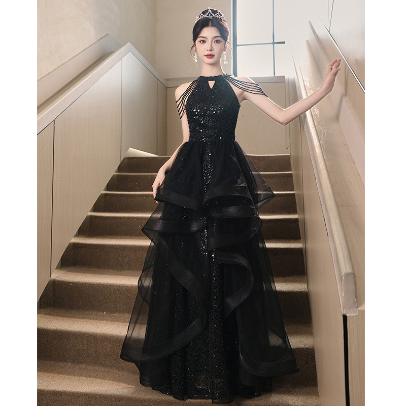 Black Banquet Evening Gowns New Sequins Tassel Puffy Dresses Artistic ...